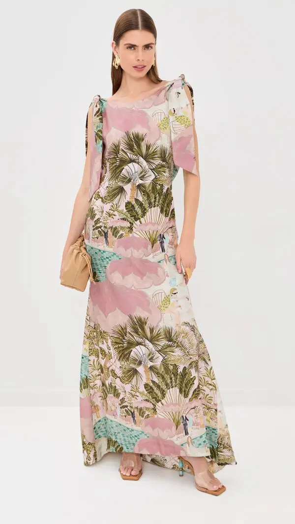ISLA & WHITE Nelda Maxi Dress Tropical Print Silk