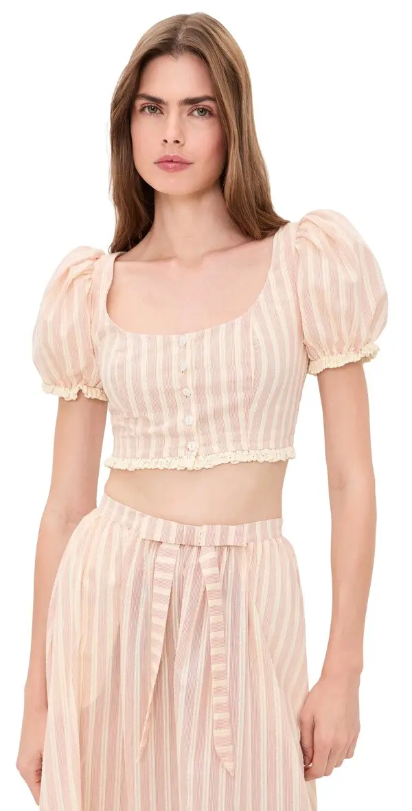 For Love & Lemons Naomi Crop Top With Puff Sleeves And Lace Trim