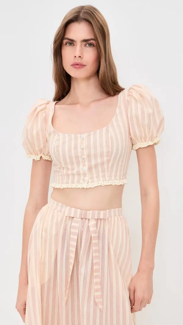 For Love & Lemons Naomi Crop Top With Puff Sleeves And Lace Trim