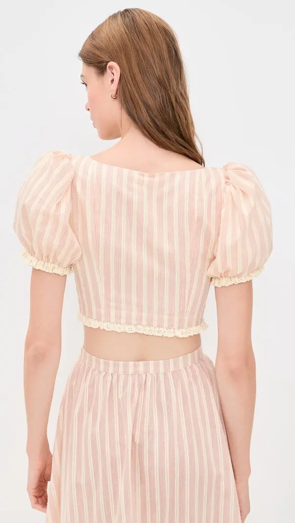 For Love & Lemons Naomi Crop Top With Puff Sleeves And Lace Trim
