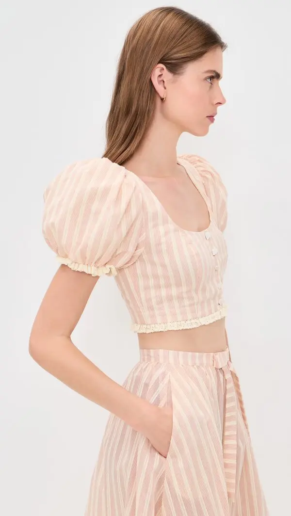 For Love & Lemons Naomi Crop Top With Puff Sleeves And Lace Trim