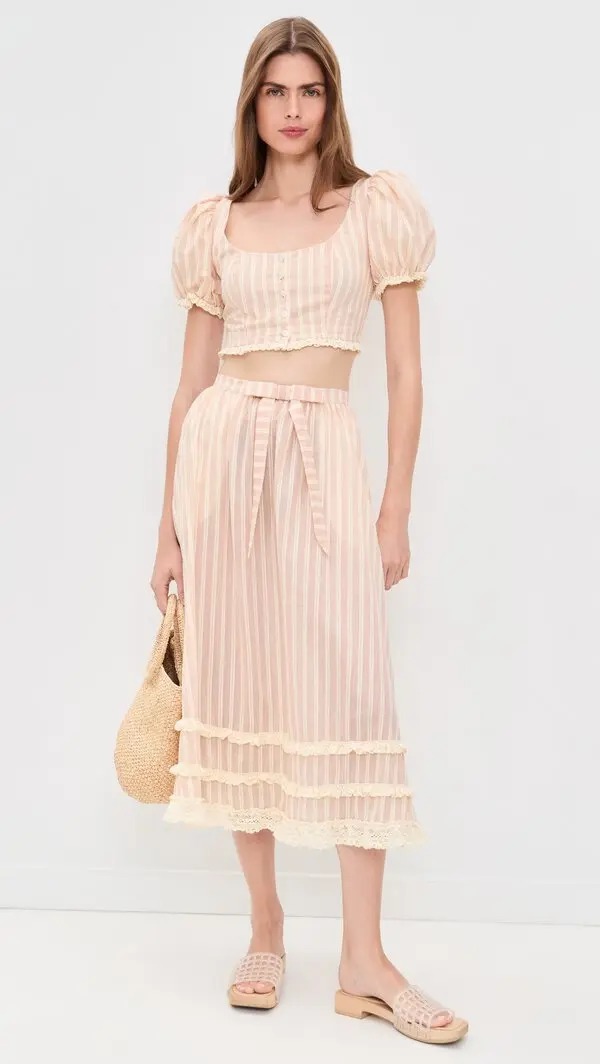 For Love & Lemons Naomi Crop Top With Puff Sleeves And Lace Trim