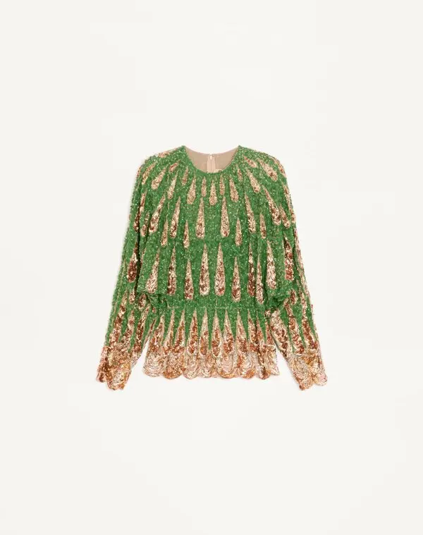 Valentino Garavani Embellished Chiffon Top With Sequin Embroidery - Green/multicolour