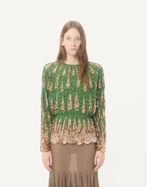 Valentino Garavani Embellished Chiffon Top With Sequin Embroidery - Green/multicolour