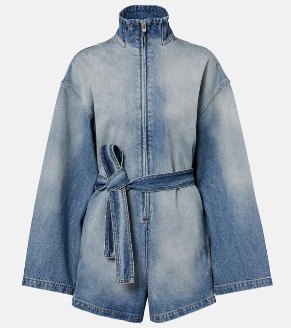 Alaïa Belted Cotton Denim Romper - Blue