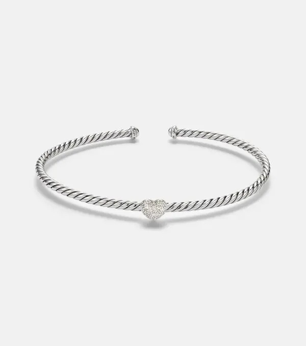 David Yurman Cable Flex® Heart Micro Sterling Cuff Bracelet With Diamonds - Silver