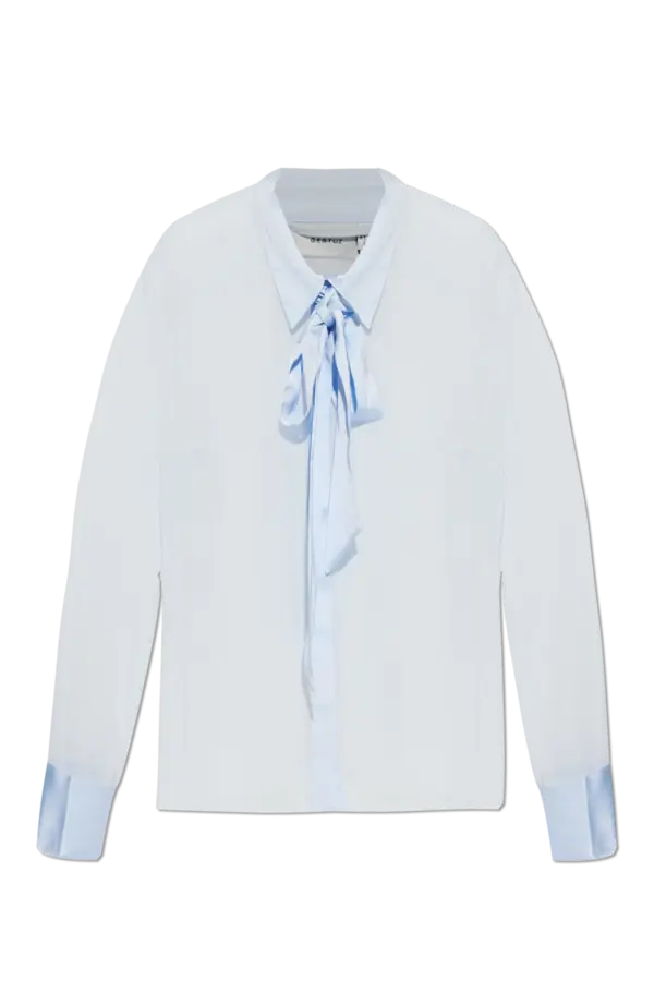 GESTUZ Semi-sheer Button-up Shirt With Bow - Blue