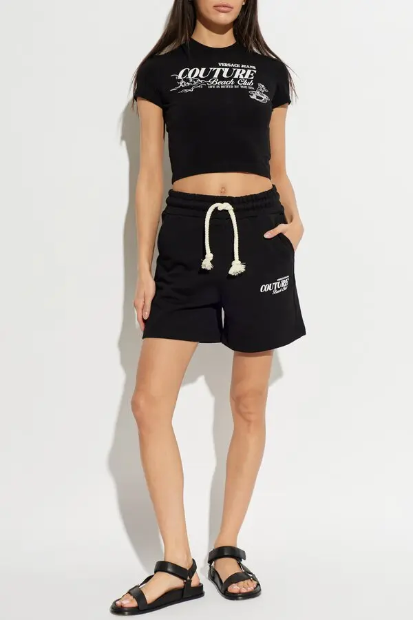 Versace Sweat Shorts With Printed Logo - Black