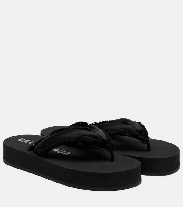 Balenciaga Cushy Fringed Satin Platform Thong Sandals - Black