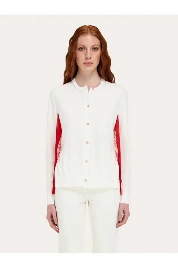 FERRAGAMO Feather Show Print Crew-neck Cardigan - Red