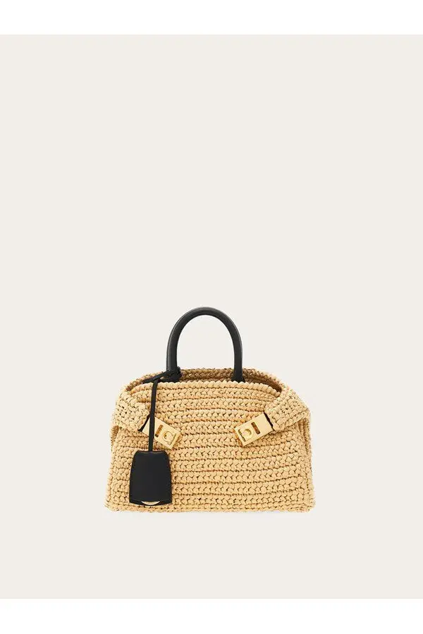 FERRAGAMO Hug Handbag Xs In Raffia-effect Fabric - Black