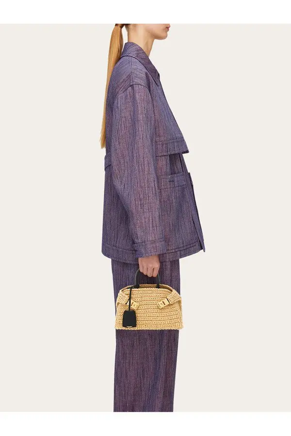 FERRAGAMO Hug Handbag Xs In Raffia-effect Fabric - Black