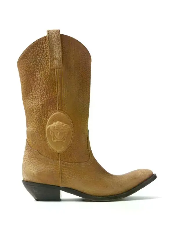 Versace Grained Leather Texan Boots With Medusa Cameo - Neutrals