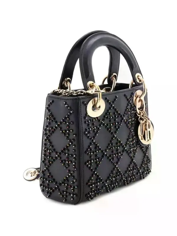 Dior Lady Chain Bag Crystal Embellished Cannage Quilt Leather Mini Satchel - Black