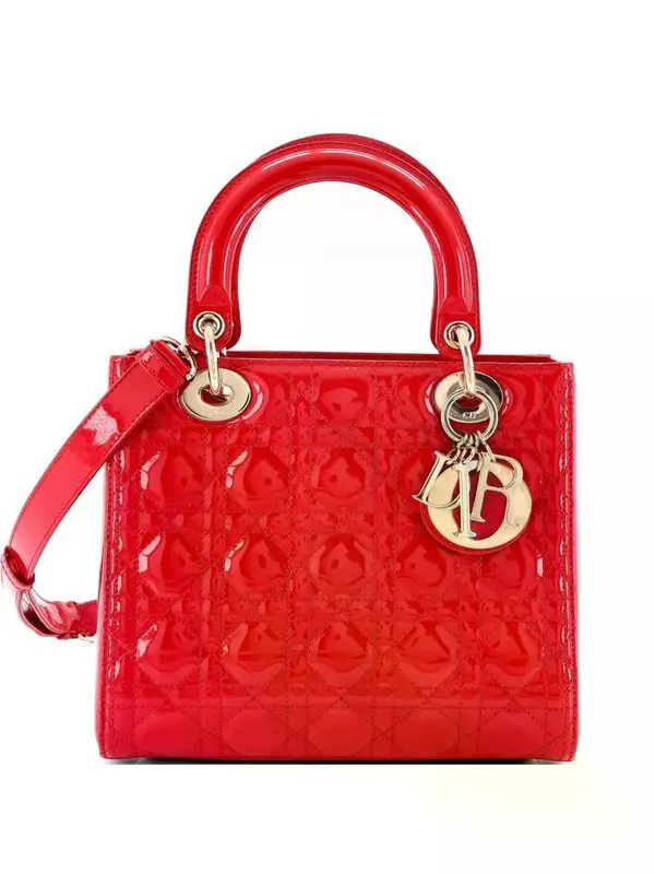 Dior Lady Cannage Quilt Patent Medium Satchel - Red