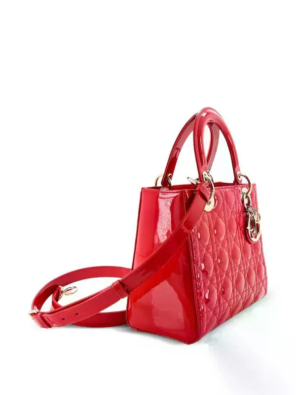 Dior Lady Cannage Quilt Patent Medium Satchel - Red