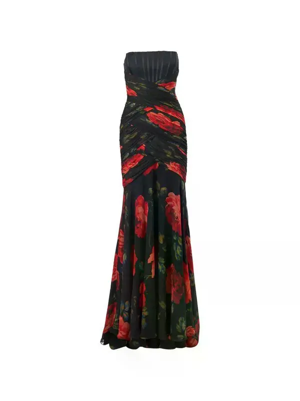 Carolina Herrera Rose-print Chiffon Bustier Gown