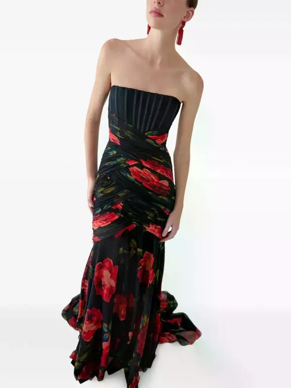 Carolina Herrera Rose-print Chiffon Bustier Gown