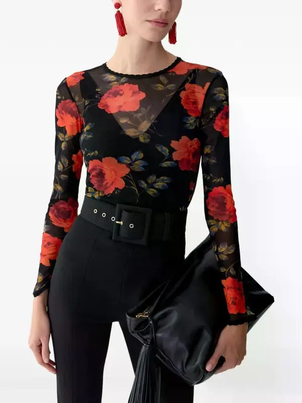 Carolina Herrera Rose-print Mesh Top - Black