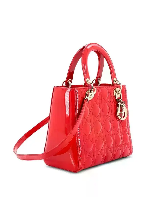 Dior Lady Medium Satchel Cannage Quilt Patent - Red