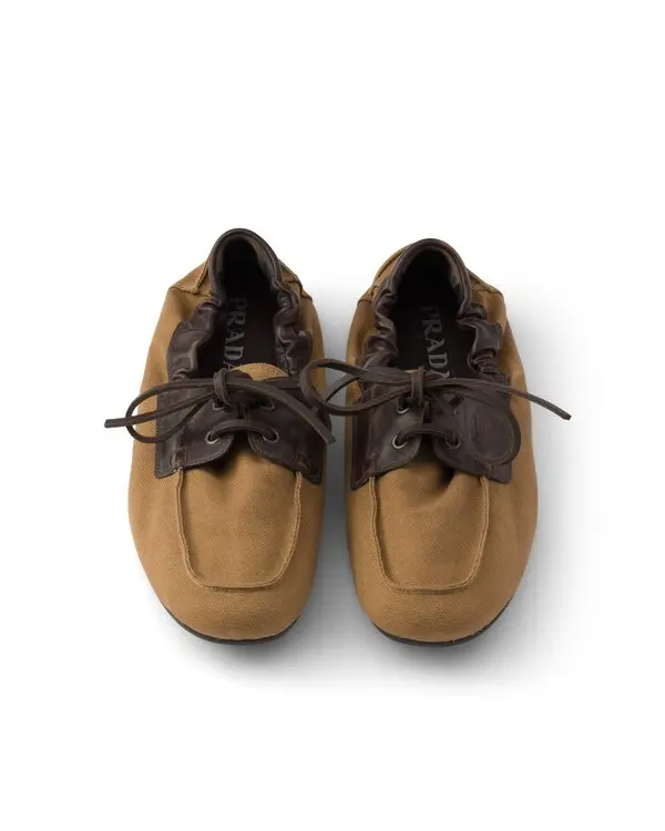 Prada Aged Canvas And Leather Boat Shoes - Brown