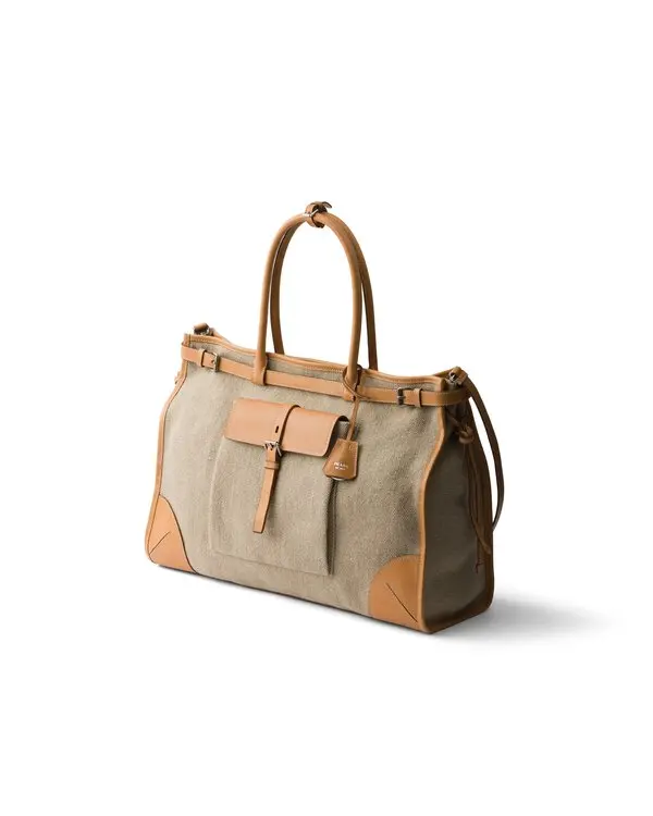 Prada Linen And Leather Tote Bag - Neutral