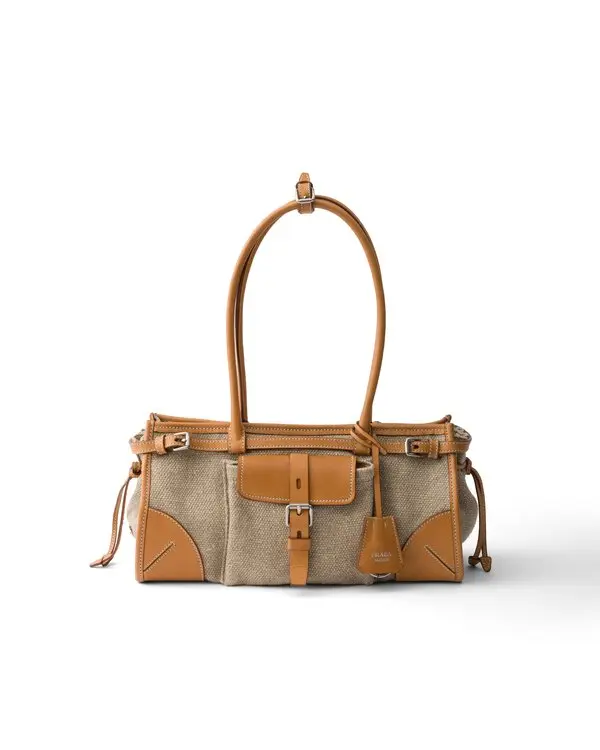 Prada Linen And Leather Bonnie Medium Handbag - Neutral