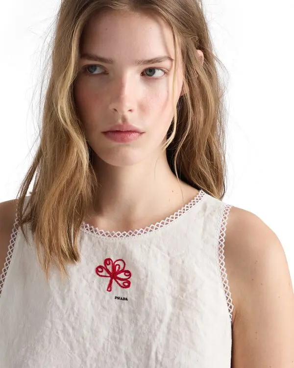 Prada Embroidered Slubbed Canvas Mini-dress