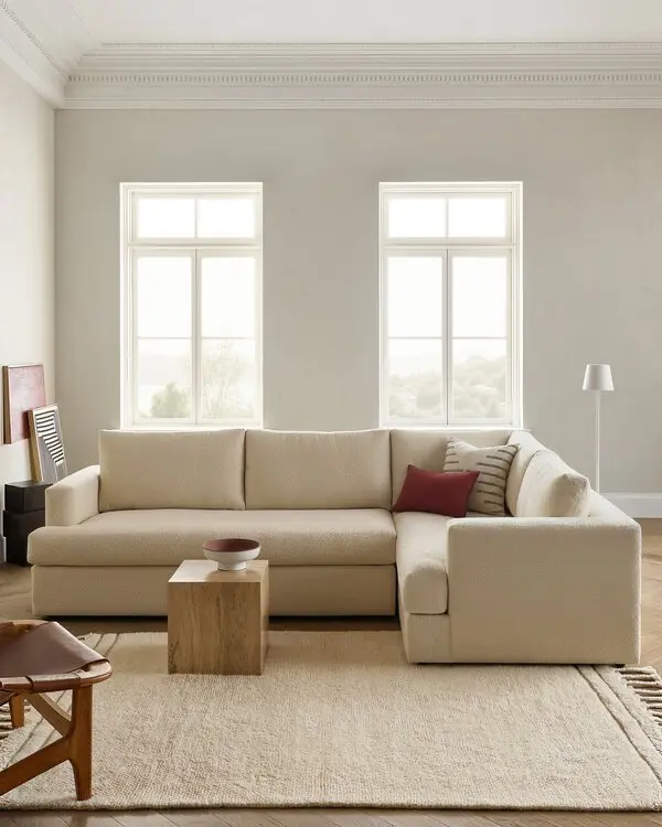 Quince Sierra Curved Arm L Sectional In Performance Boucle - Cloud White
