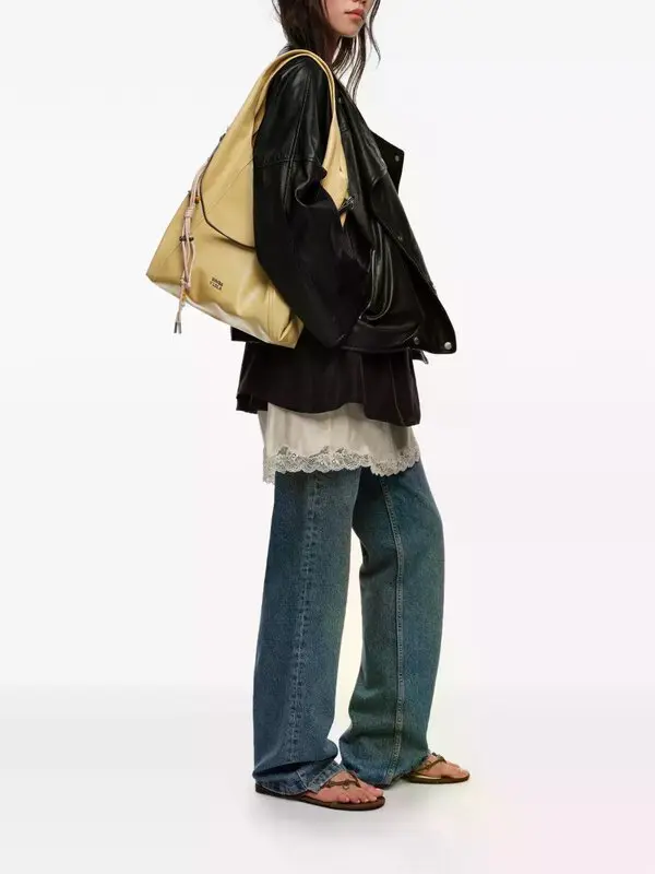 Bimba Y Lola Large Leather Shoulder Bag With Drawstring Detail - Neutrals