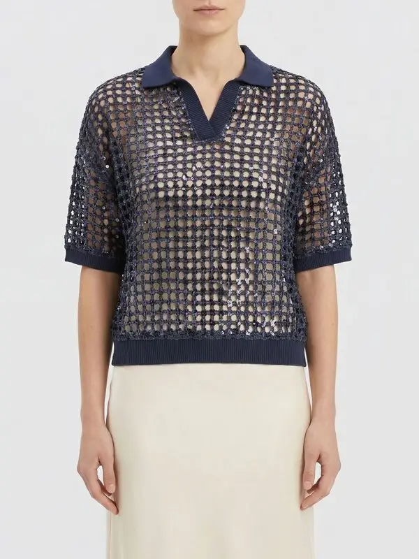 Brunello Cucinelli Sequined Silk And Linen Knit Polo - Blue