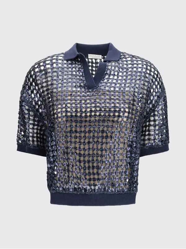 Brunello Cucinelli Sequined Silk And Linen Knit Polo - Blue