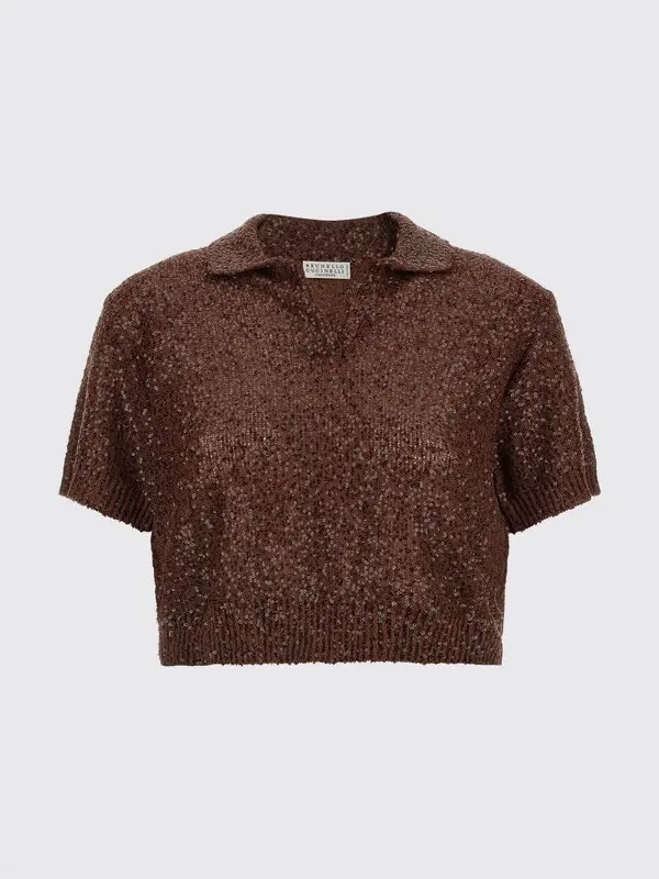Brunello Cucinelli Sequined Linen Cashmere And Silk Polo Shirt - Brown