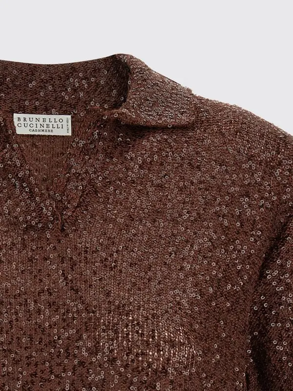 Brunello Cucinelli Sequined Linen Cashmere And Silk Polo Shirt - Brown