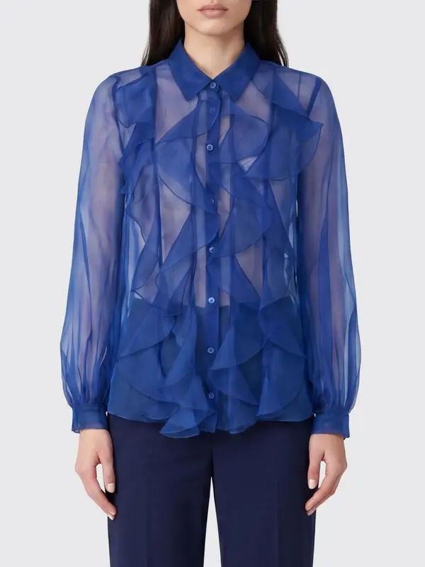H COUTURE Hanita Long Sleeve Silk Shirt With Ruffle Detail And French Collar - Blue
