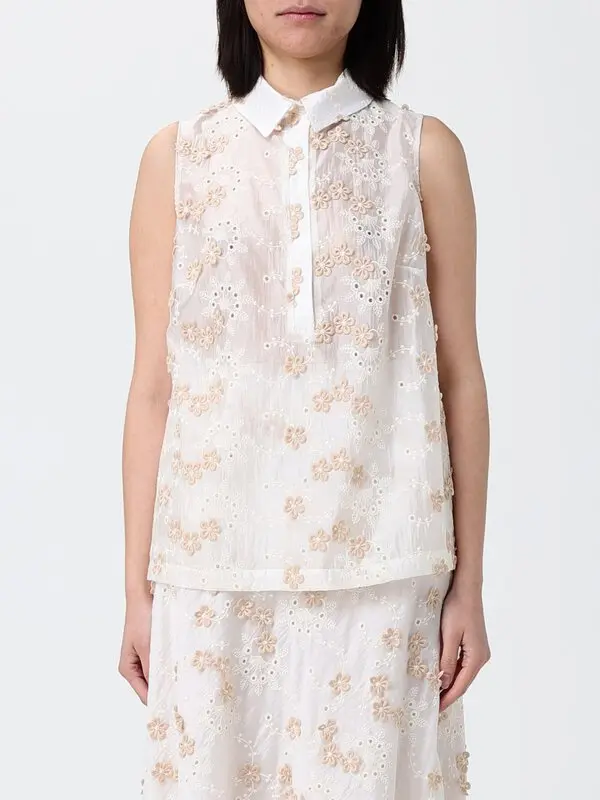 HANITA Sangallo Lace Floral Sleeveless Shirt - Beige