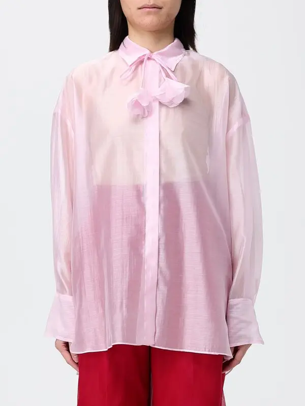 HANITA Chiffon Shirt With French Collar And Dropped Shoulders - Pink