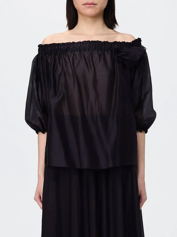 HANITA Crepe Blouse With Flower Appliqu - Black