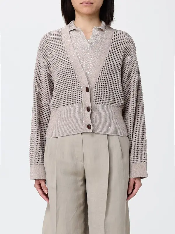 Brunello Cucinelli Perforated Cotton Cardigan With Sequins - Sand