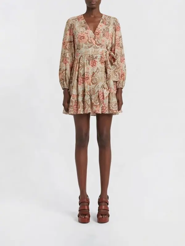 Zimmermann Floral Print Cotton Wrap Mini Dress - Sage