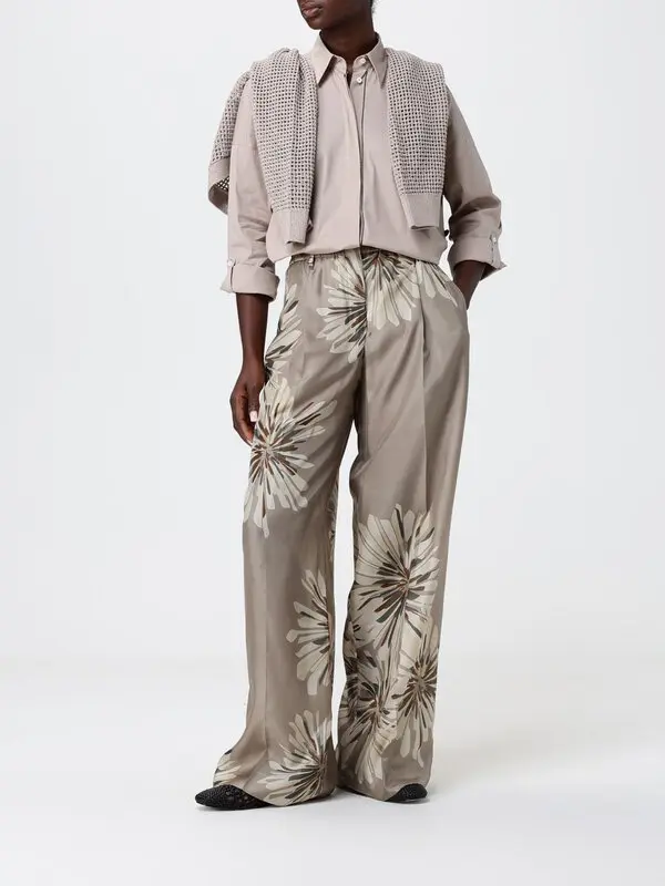 Brunello Cucinelli Wide-leg Silk Trousers With Floral Print - Kaki
