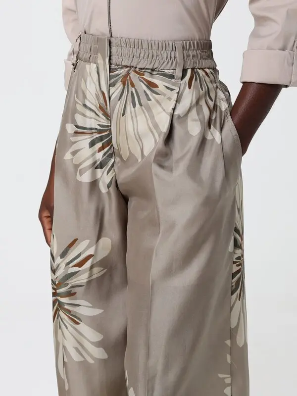 Brunello Cucinelli Wide-leg Silk Trousers With Floral Print - Kaki