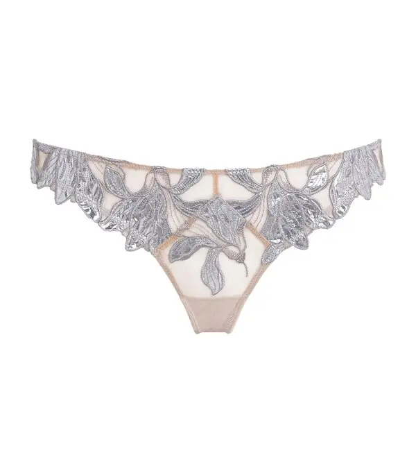 FLEUR DU MAL Foil Lily Embroidery Thong - Silver