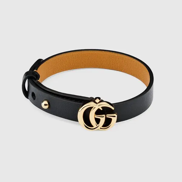 Gucci Leather Bracelet With Double G - Gold-toned Metal