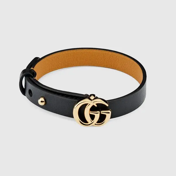 Gucci Leather Bracelet With Double G - Gold-toned Metal