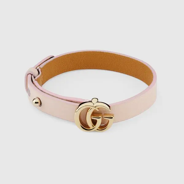 Gucci Leather Bracelet With Double G - Gold-toned Metal