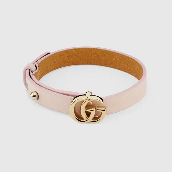 Gucci Leather Bracelet With Double G - Gold-toned Metal