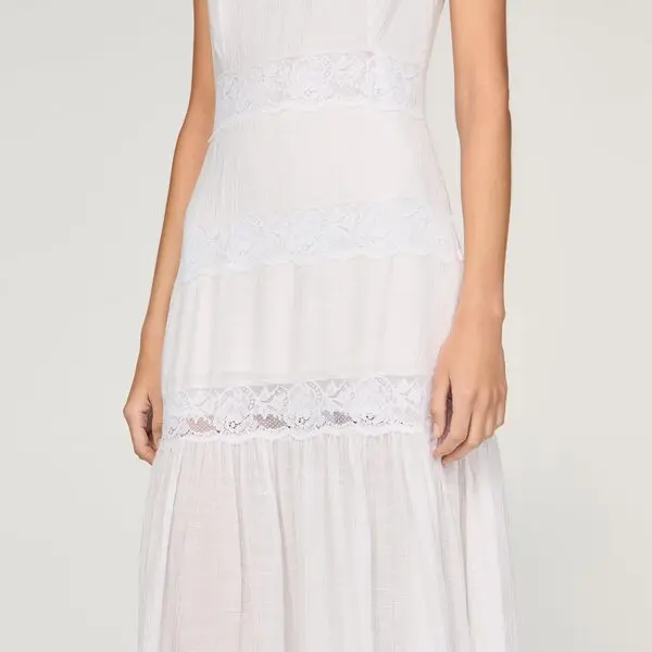 Sandro Crepon Maxi Dress With Lace Trim