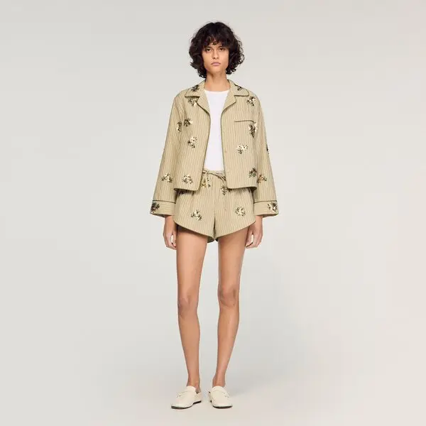 Sandro Floral Embroidered Striped Shorts