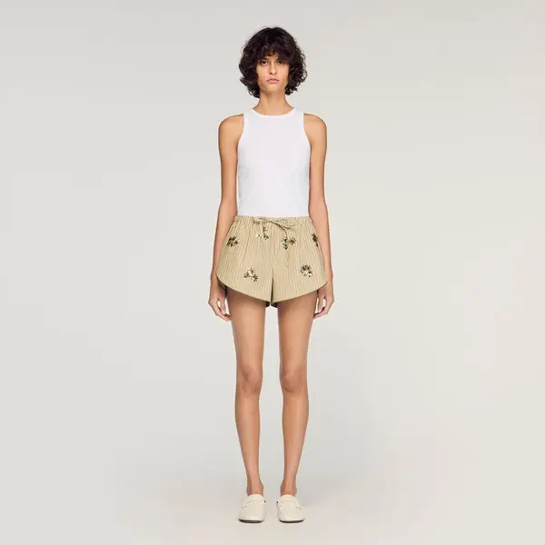 Sandro Floral Embroidered Striped Shorts